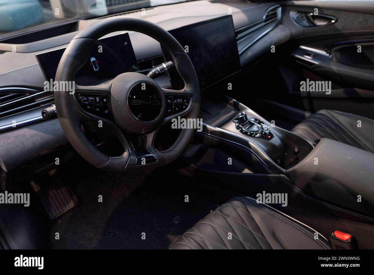 Interior, cockpit, steering wheel of BYD Seal 2024 Electric Car, SUV ...