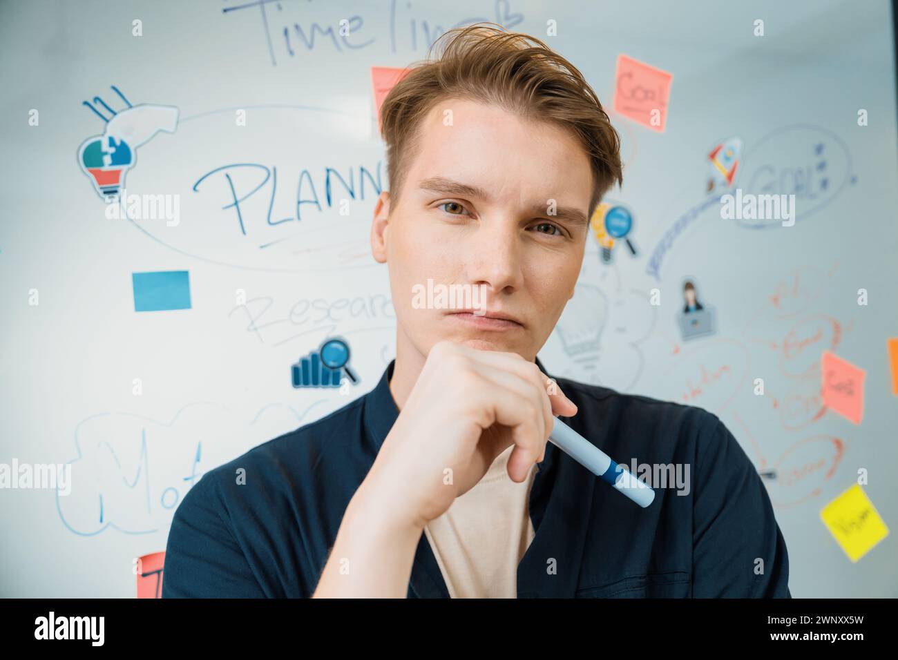Portrait of young caucasian businessman thinking with confused face ...