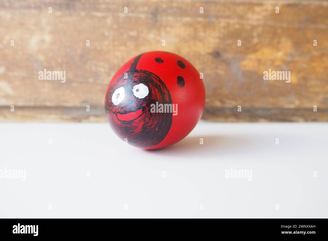 Easter egg painted red, white and black with a cheerful face of ladybug ...