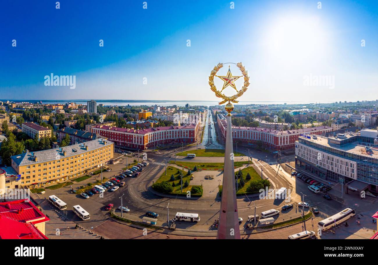Aerial top view to 17-meter high spire Railway station with golden star ...