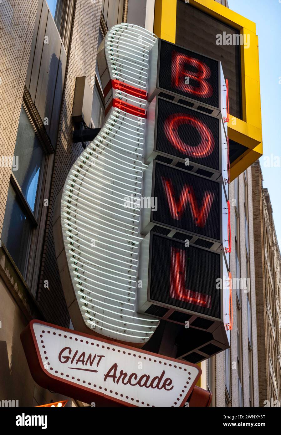 Signage for the Bowling, Arcade, Bar, & More at Bowlero Times Square in ...