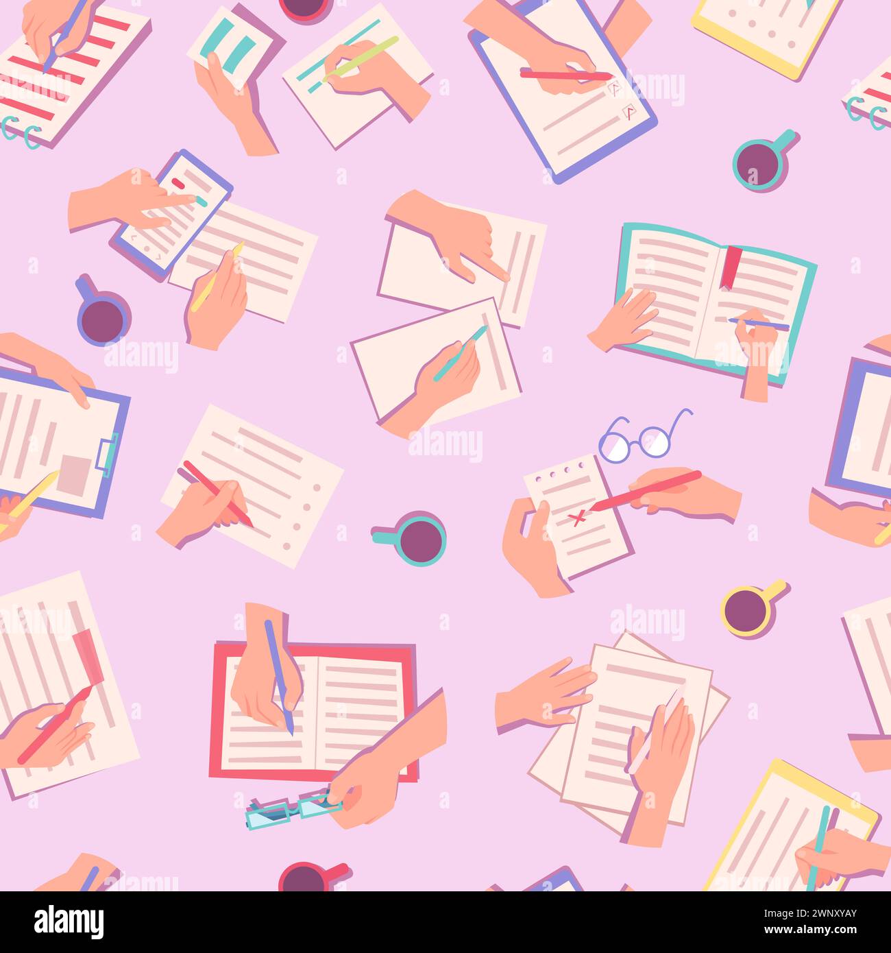 Hands notes pattern. Top view table notes with business managers ...