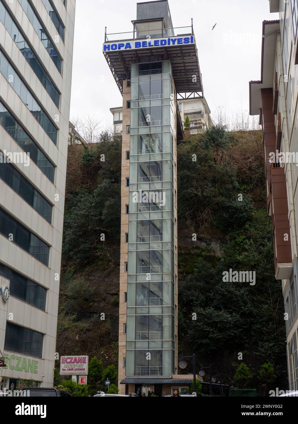 Hopa, Turkye. 02.20.2024 Elevator in the city center. Climbing the rock ...