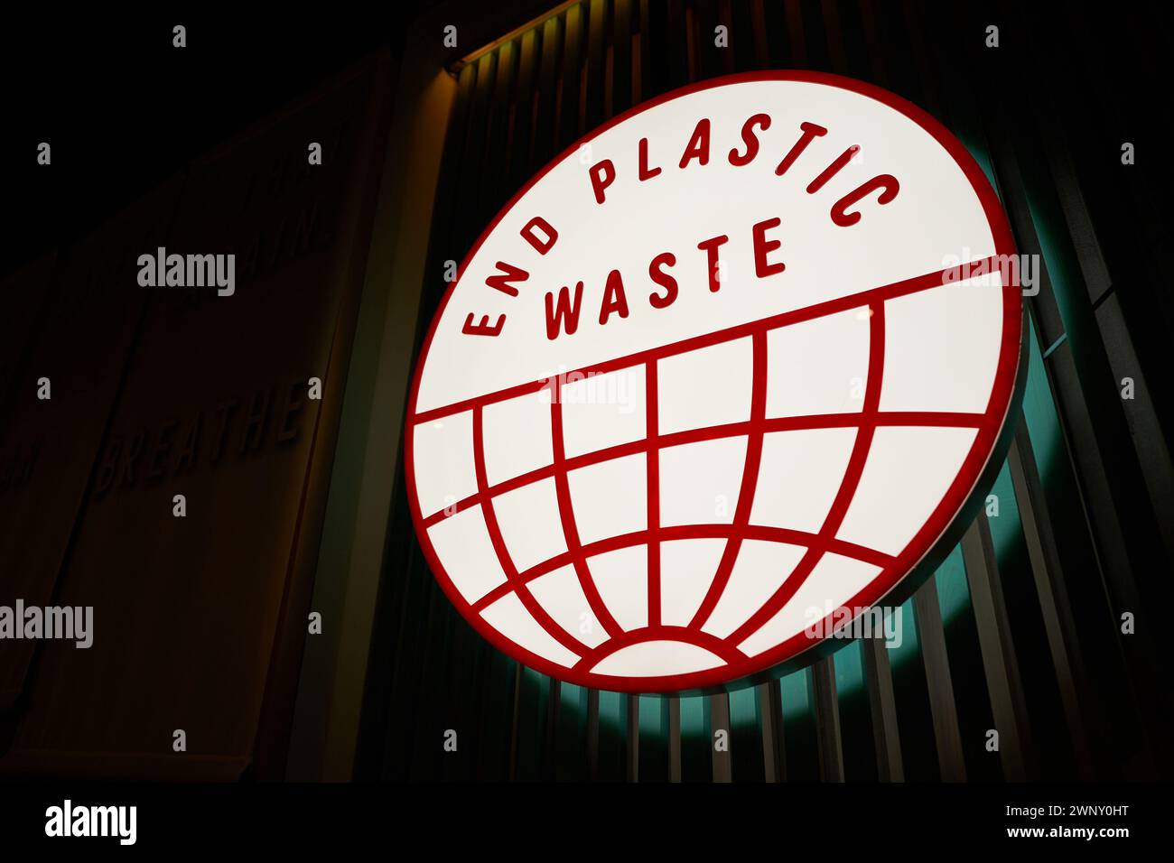 SINGAPORE - NOVEMBER 06, 2023: close up shot of End Plastic Waste sign ...