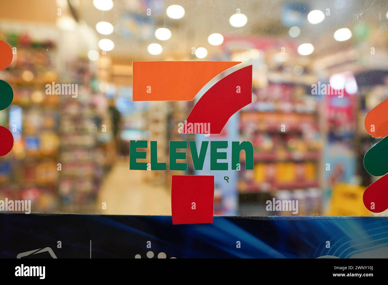SINGAPORE - NOVEMBER 06, 2023: close up shot of 7-Eleven sign as seen ...
