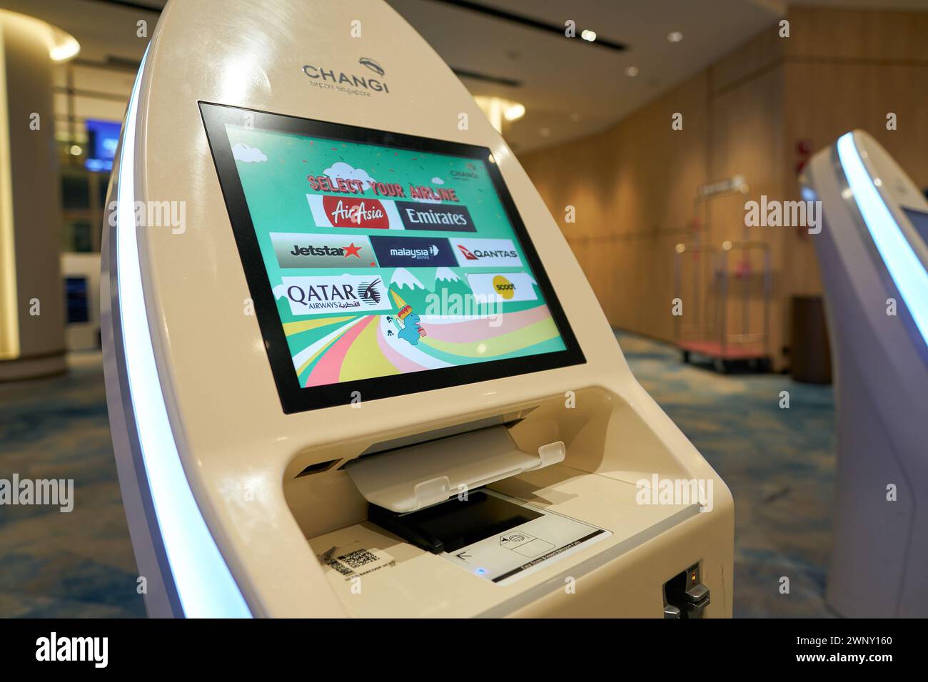 SINGAPORE - NOVEMBER 06, 2023: close up shot of self-service check-in ...