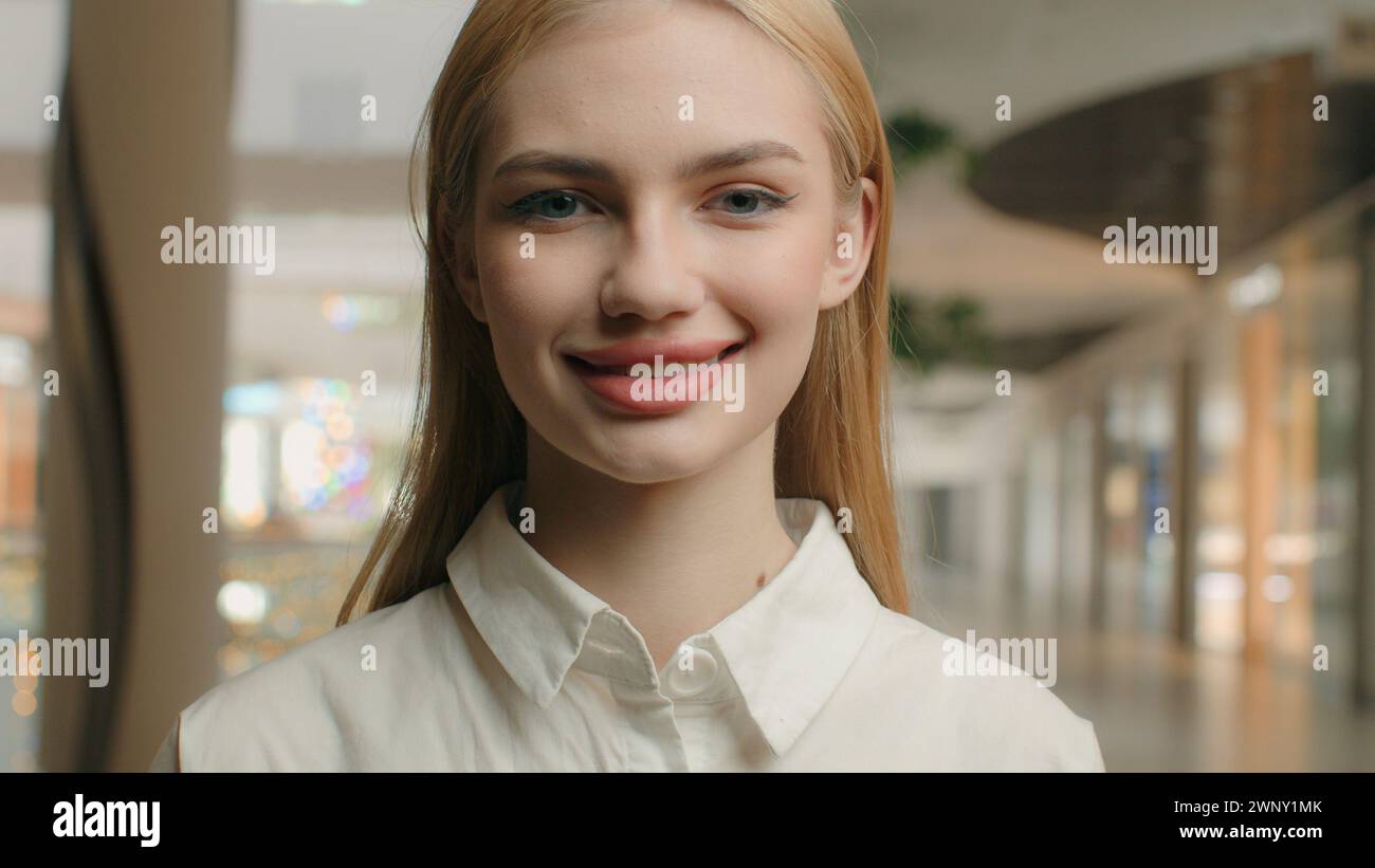 Close up portrait smiling Caucasian girl woman 20s young gen z lady ...