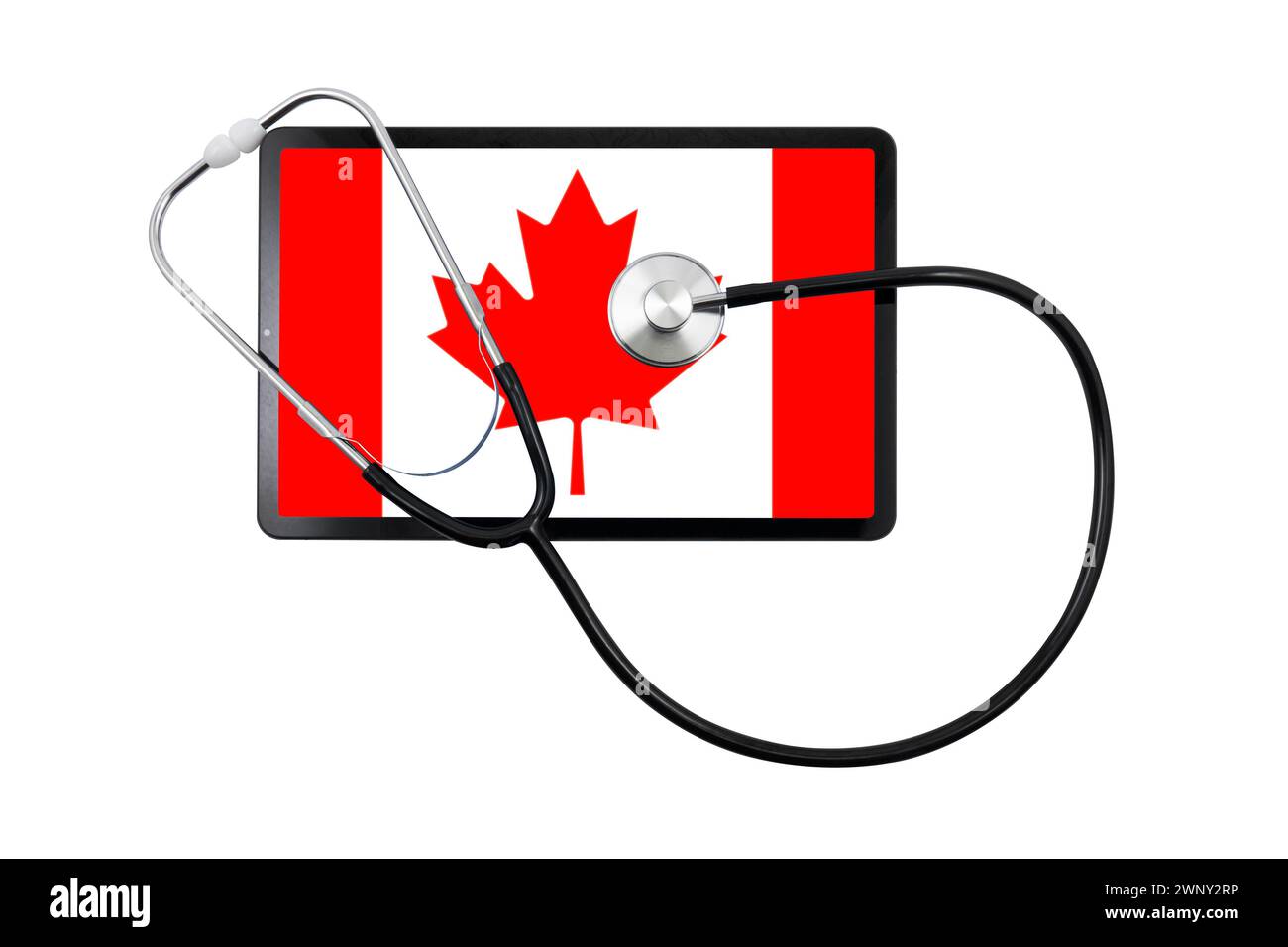 Tablet PC with Canada flag on screen and medical stethoscope on white ...