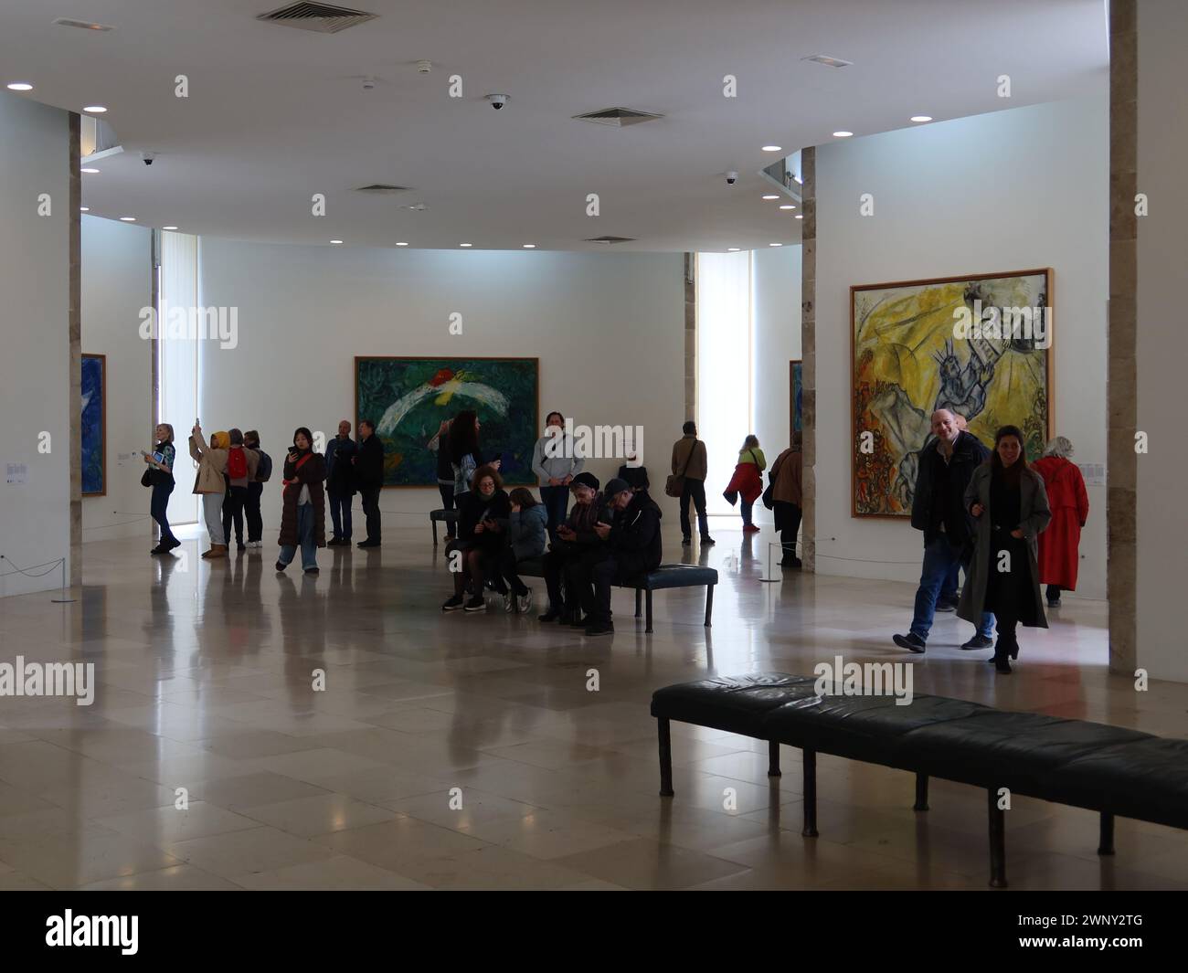 Visitors admire the paintings by Marc Chagall at the French national ...