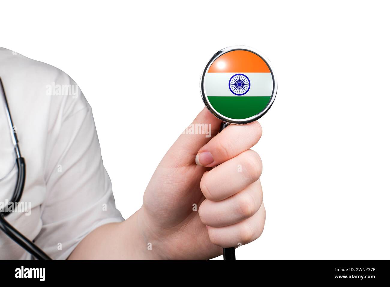 The head of a medical stethoscope in the form of an Indian flag in a ...
