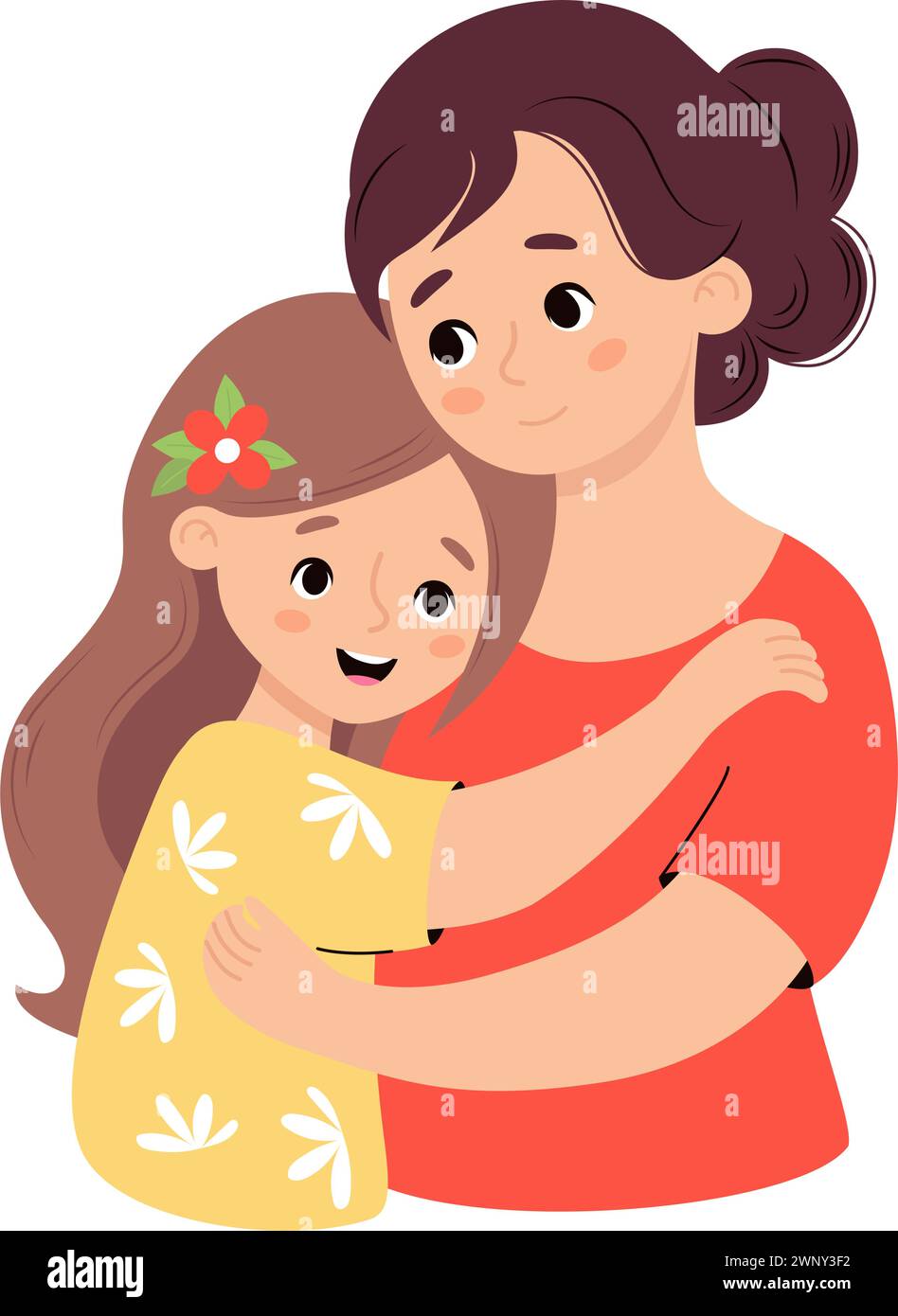 Cute Mom tenderly hugs her daughter. Vector illustration flat cartoon ...