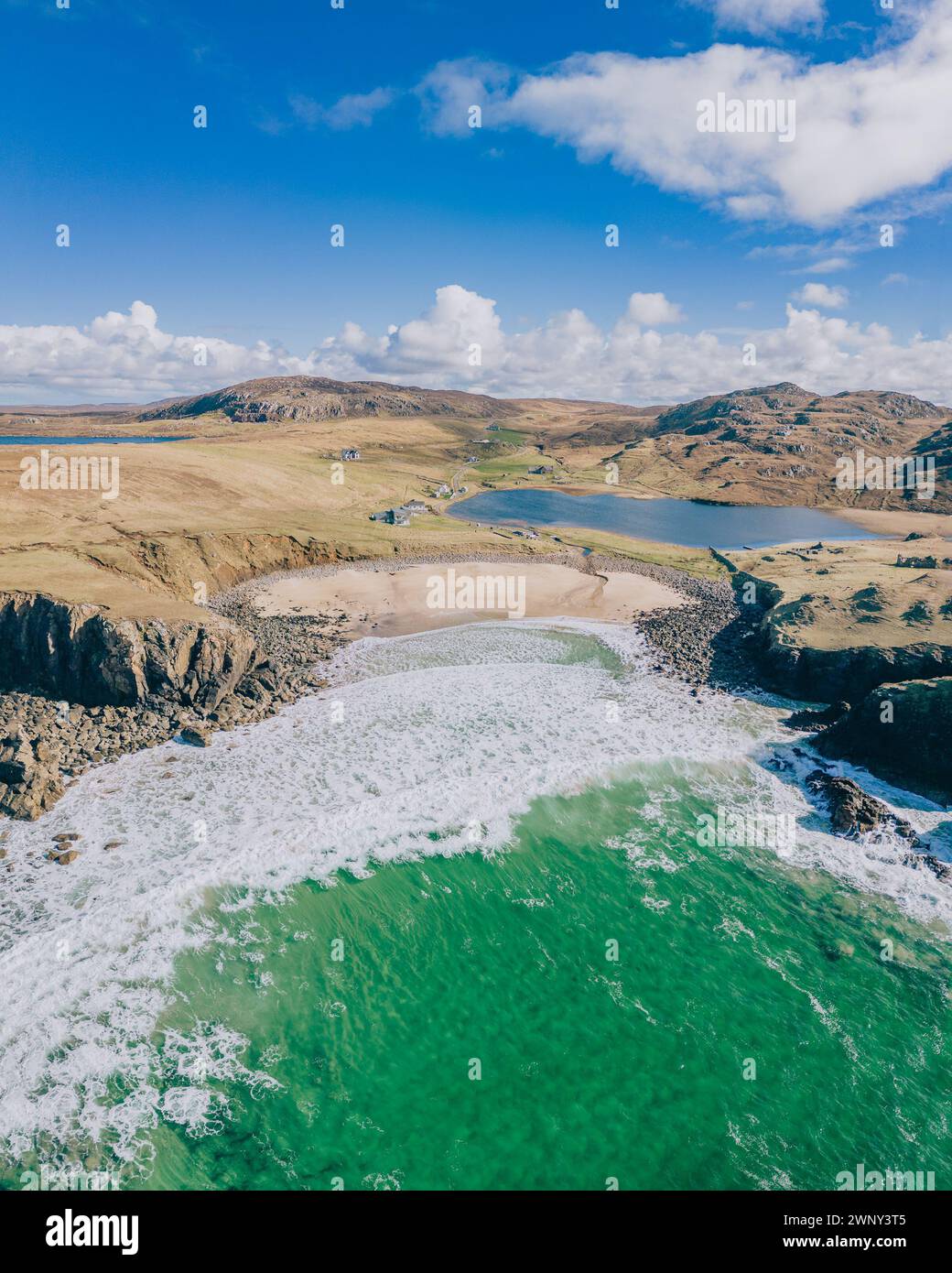 Aerial view of Dailbeag beach, Isle of Lewis. A remote beach in Outer ...
