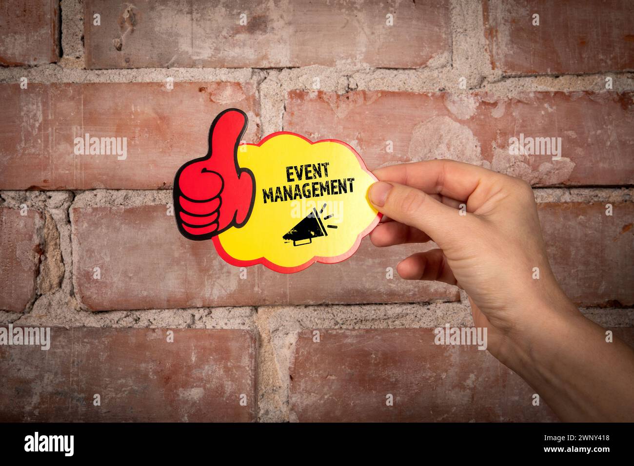 Event Management. Sticky note with text on a red brick background Stock ...