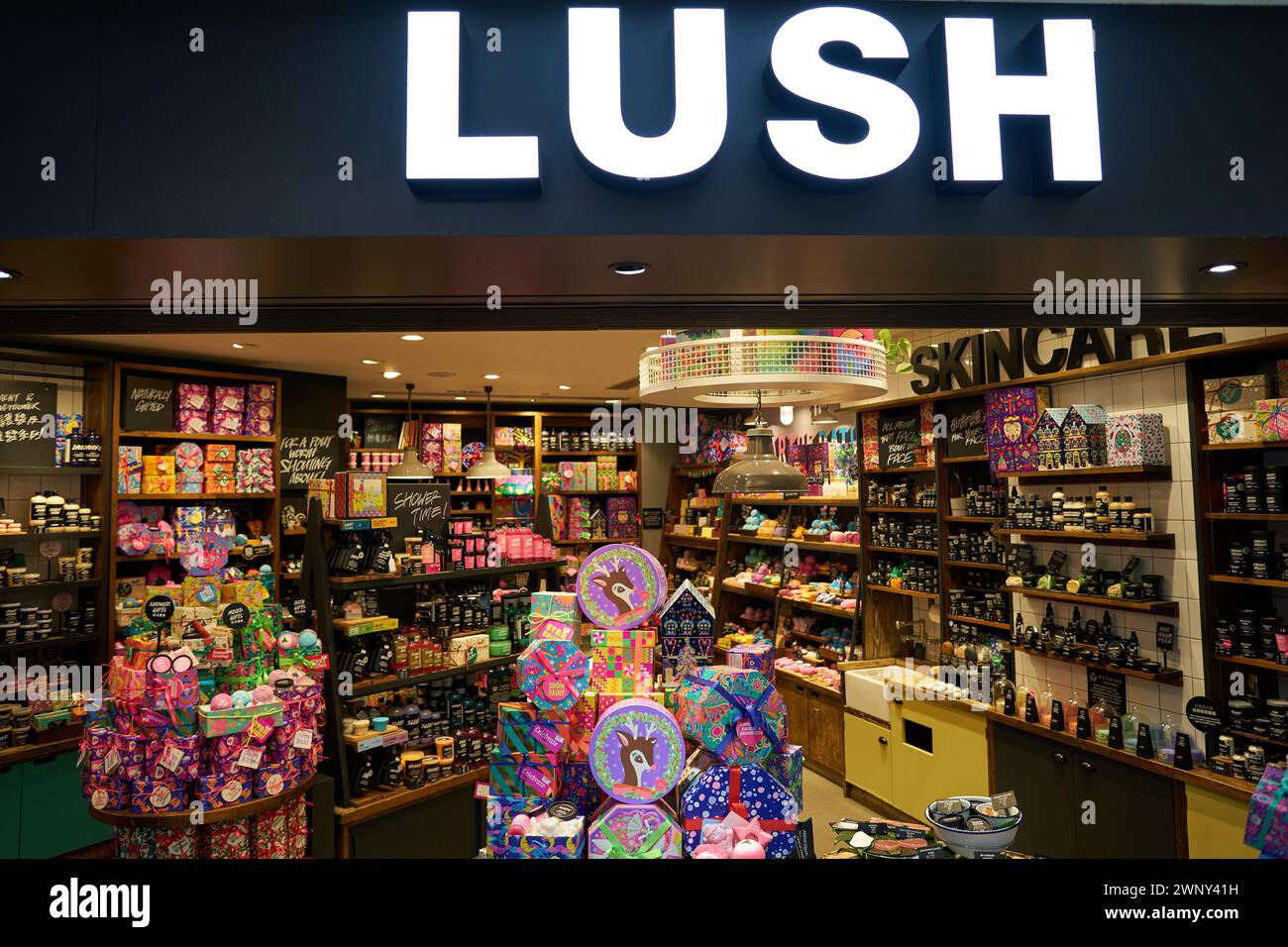 HONG KONG, CHINA - DECEMBER 04, 2023: close up shot of Lush sign as ...