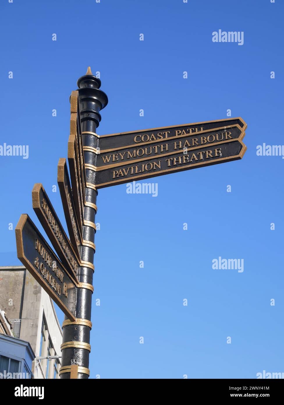 Pedestrian direction signpost in the town of Weymouth, Dorset, England ...
