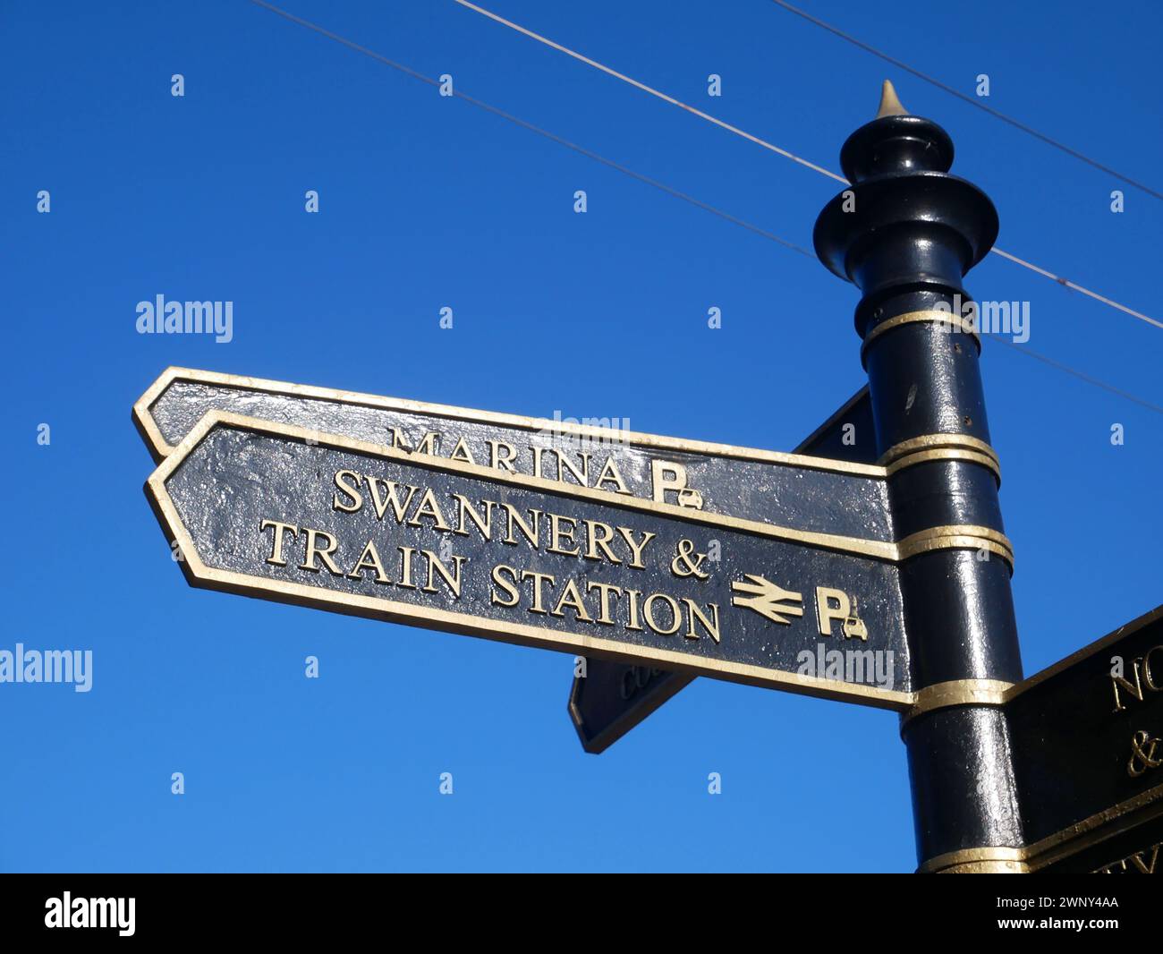 Pedestrian direction signpost in the town of Weymouth, Dorset, England ...