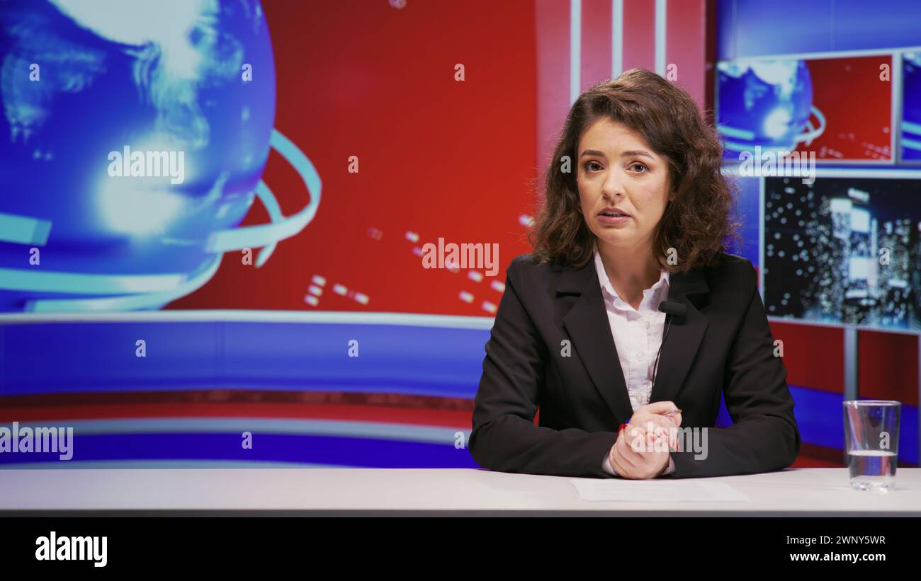 News anchor talks about global events, presenting new information and ...