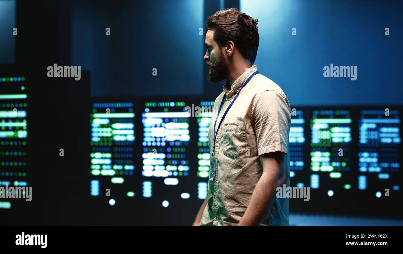 Engineer Walking In Server Room Housing Advanced Data Storage Infrastructure Storing Massive