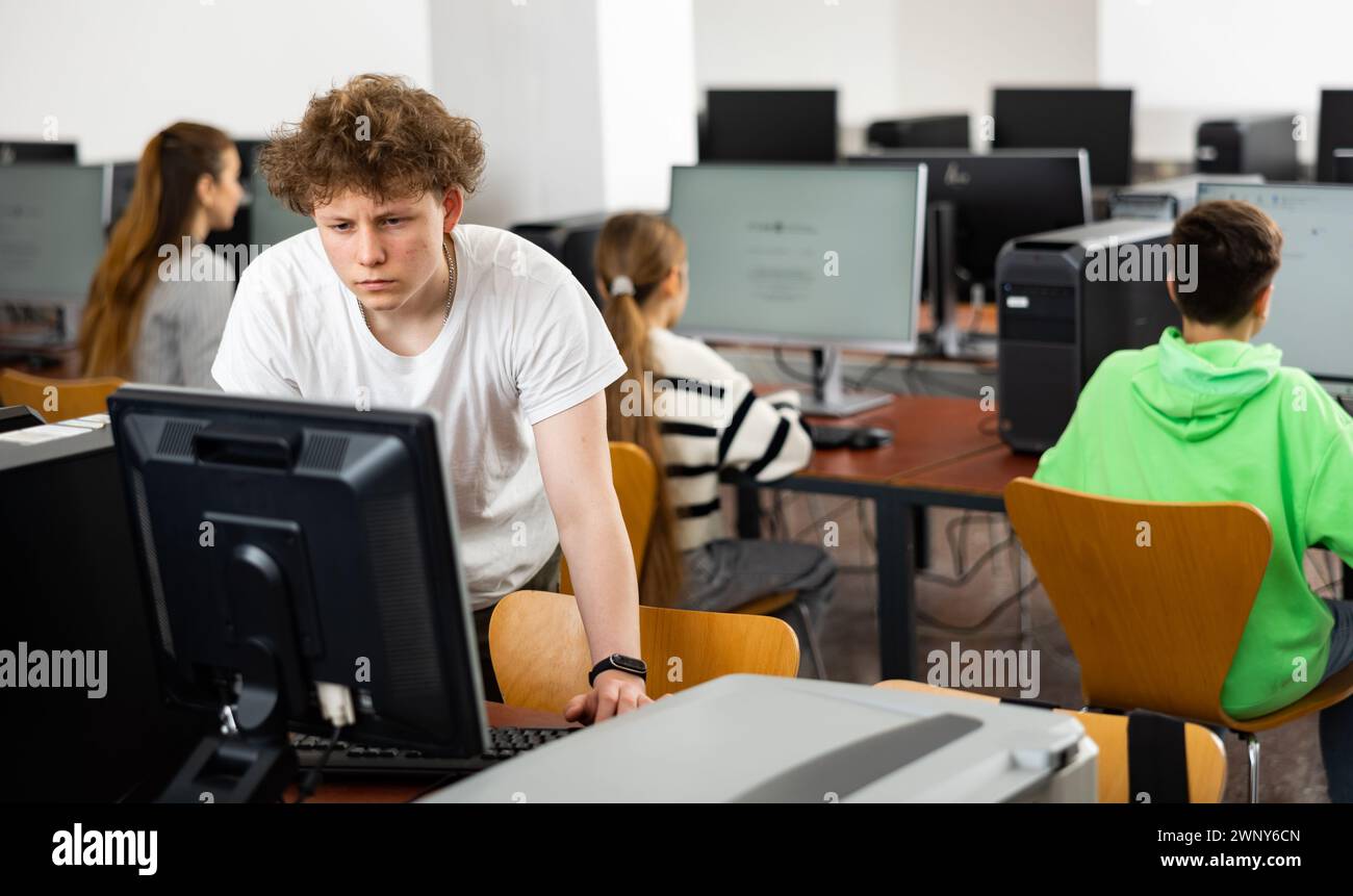 Teenage boy using computer during lesson Stock Photo - Alamy