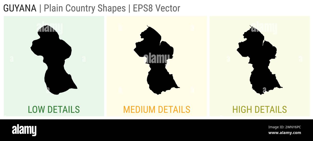 Guyana - plain country shape. Low, medium and high detailed maps of Guyana. EPS8 Vector ...
