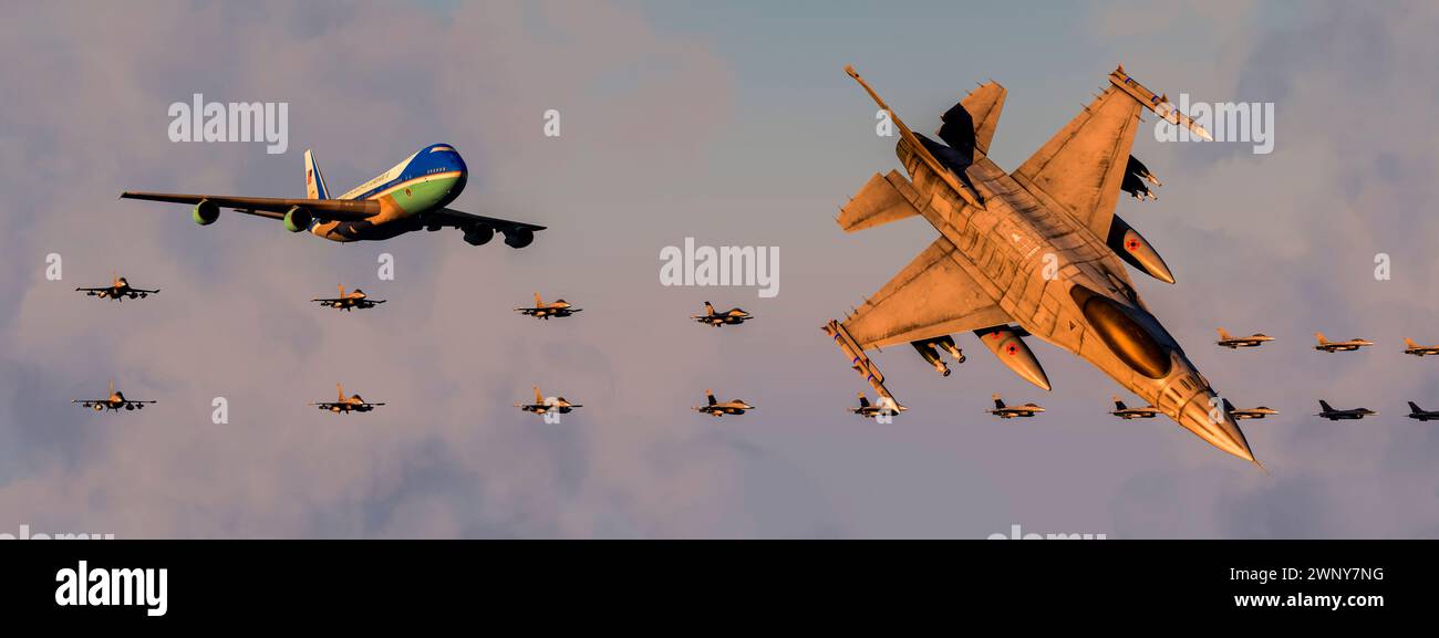 A VIP airplane flanked by a protective formation of fighter jets in the ...