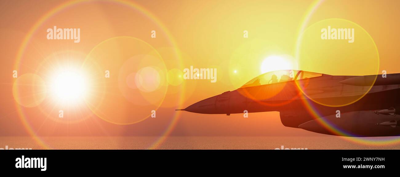 Solo fighter jet captured mid-flight with a dramatic sunset and intense ...