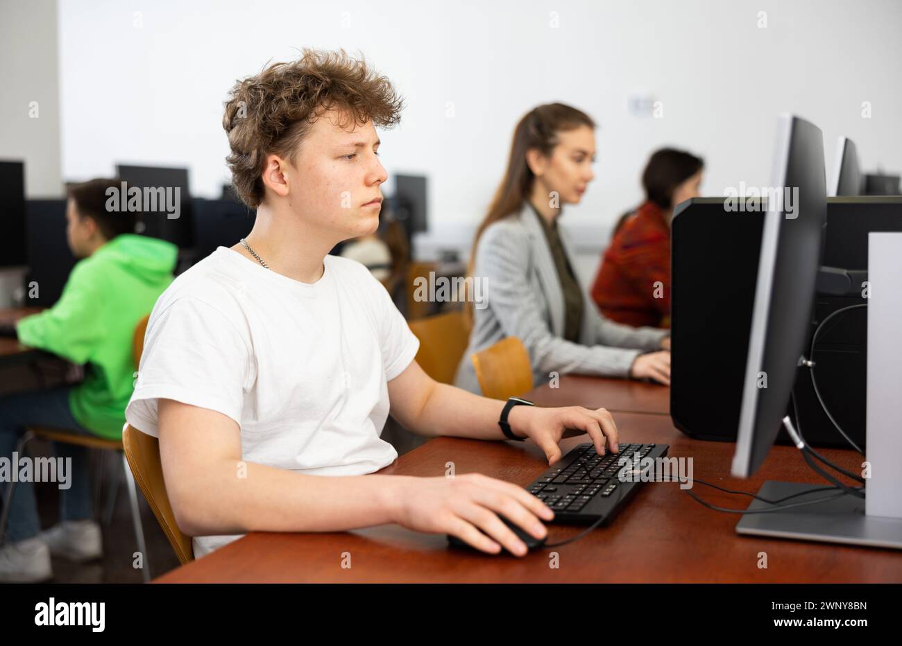 Teenage boy using computer during lesson Stock Photo - Alamy