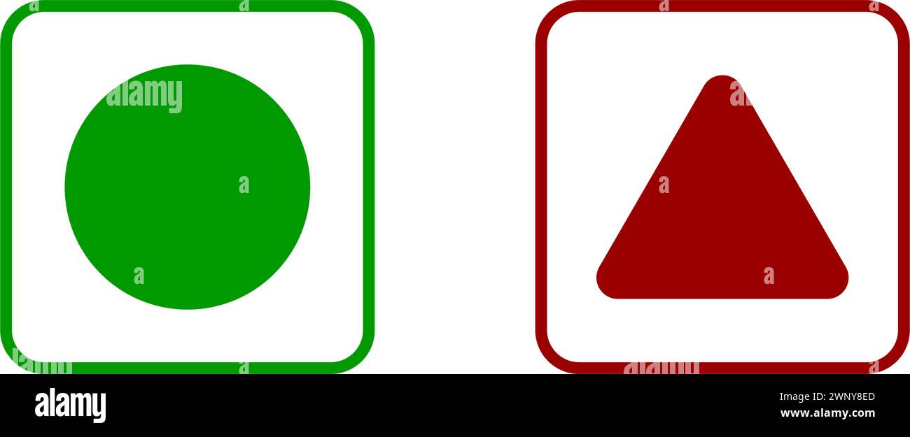 Green dot and red triangle in squares isolated on white background ...