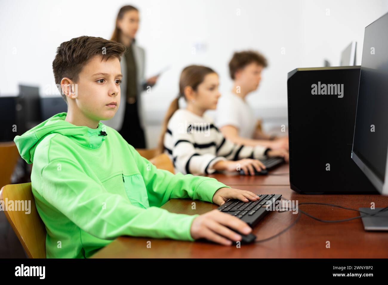 Young boy learning to use personal computer during lesson Stock Photo ...
