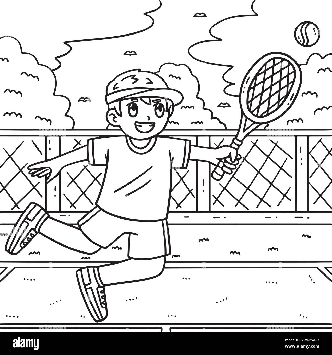 Tennis Player Reaching Tennis Ball Coloring Page Stock Vector Image ...