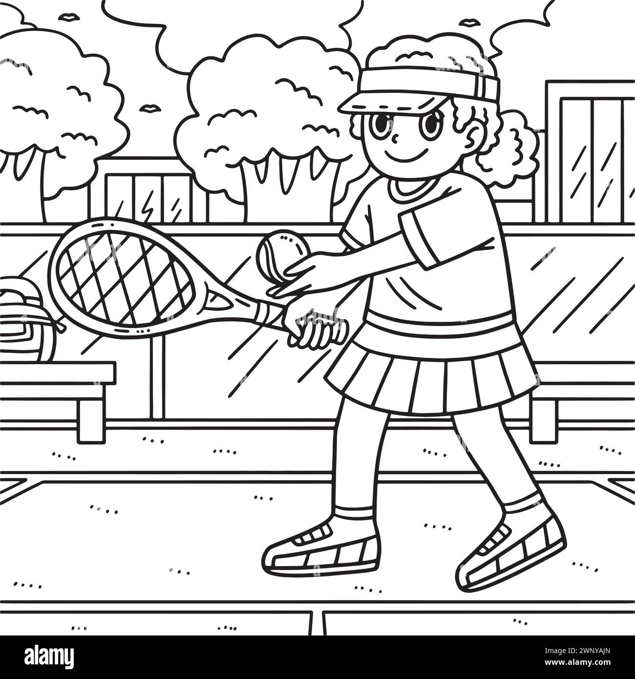 Tennis Female Player Ready to Serve Coloring Page Stock Vector Image ...