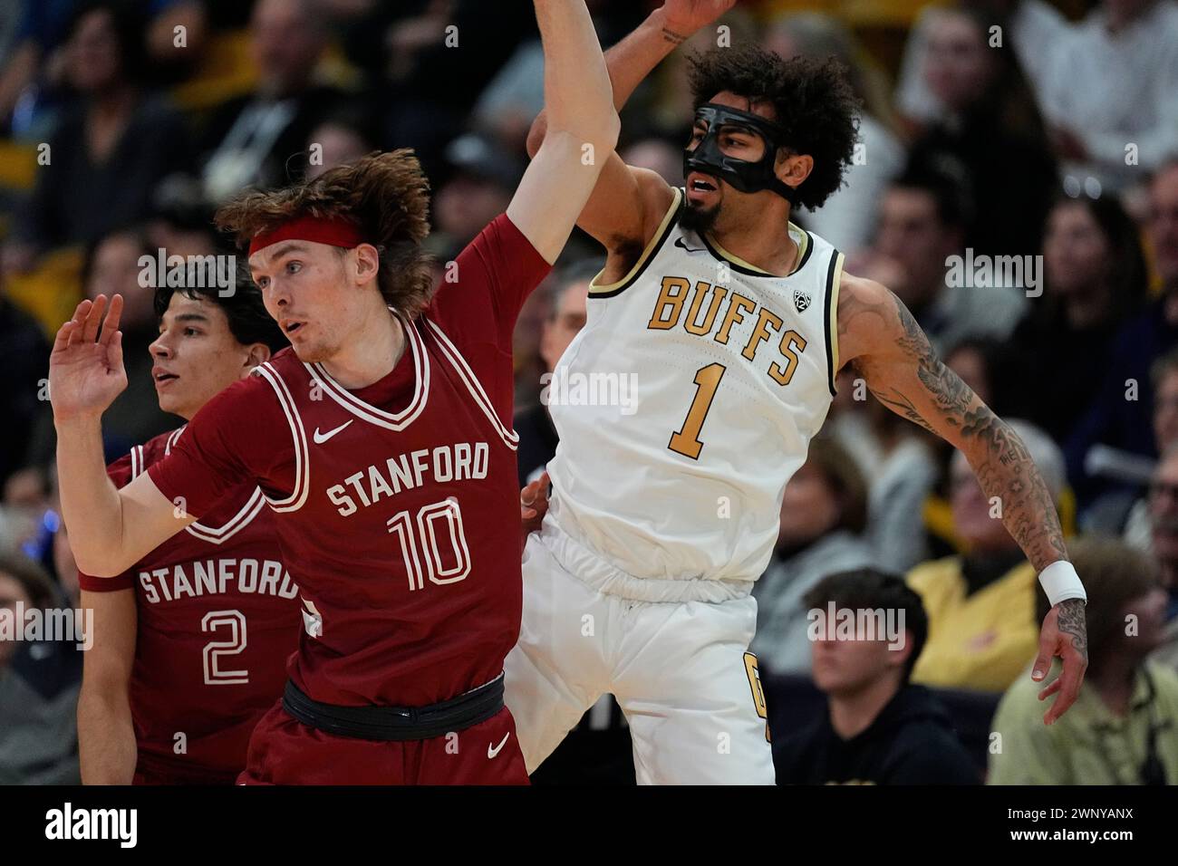Stanford forward Max Murrell (10) and Colorado guard J'Vonne Hadley (1 ...