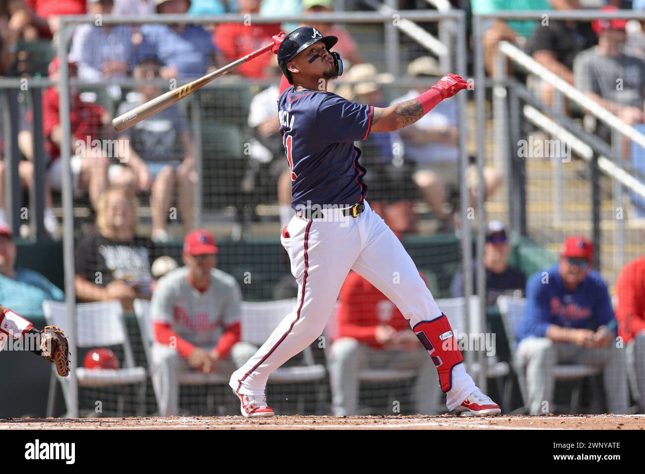 North Port FL USA; Atlanta Braves shortstop Orlando Arcia (11) fouls ...