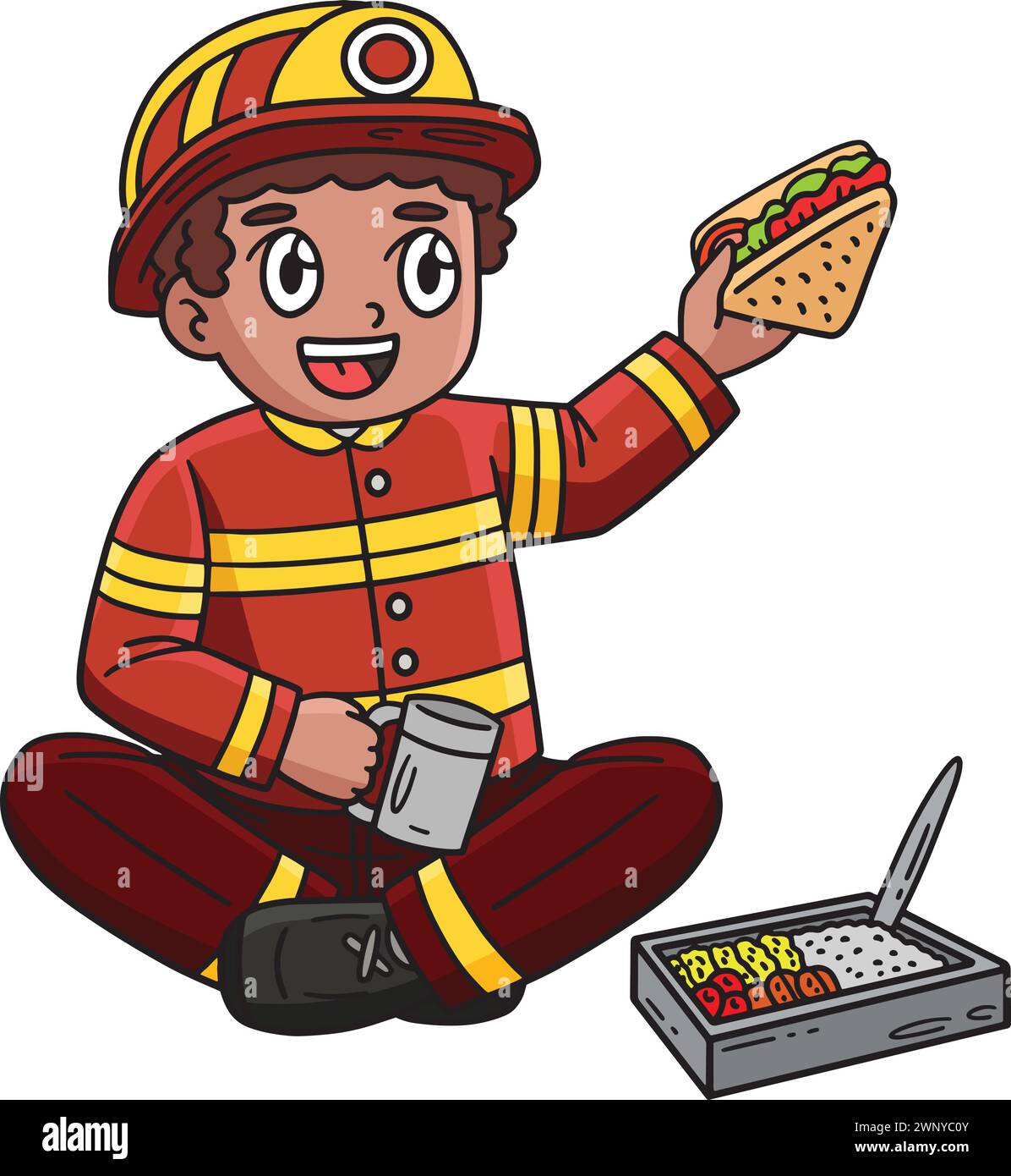 Firefighter Eating Lunch Cartoon Colored Clipart Stock Vector Image ...