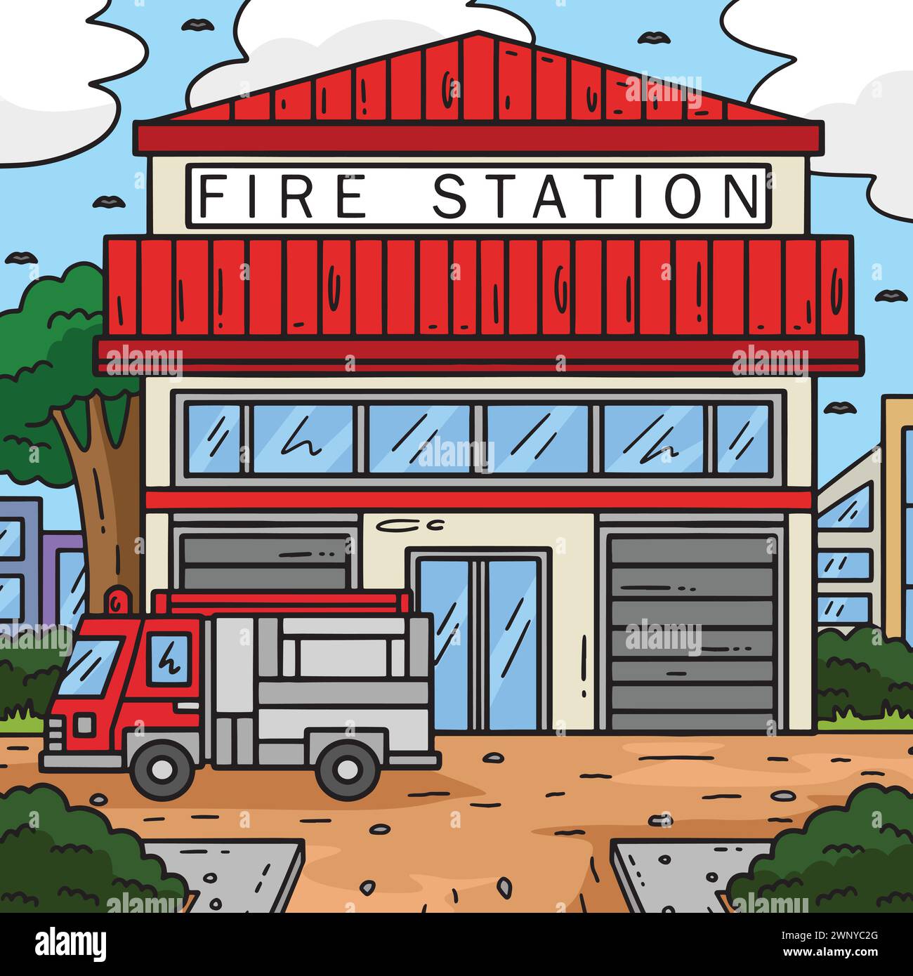 Firefighter Station Colored Cartoon Illustration Stock Vector Image ...