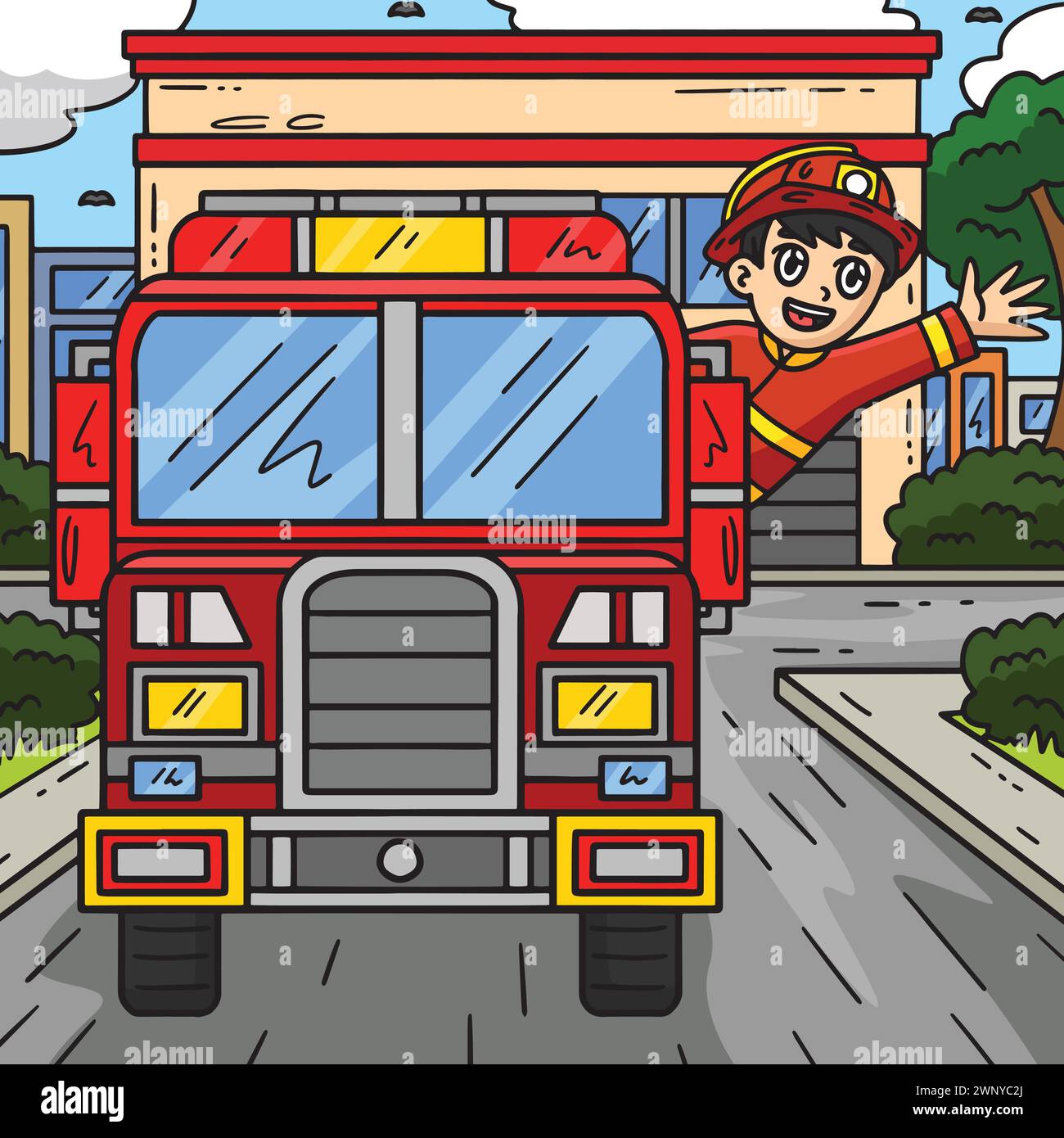Firefighter Waving from Fire Truck Colored Cartoon Stock Vector Image ...