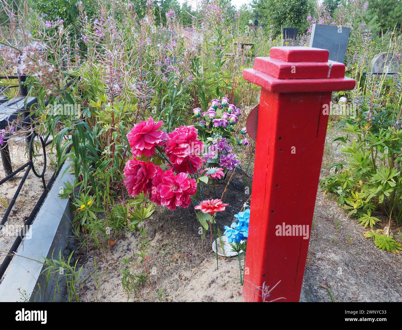 Artificial multi-colored flowers on the grave. Overgrown with grass old ...