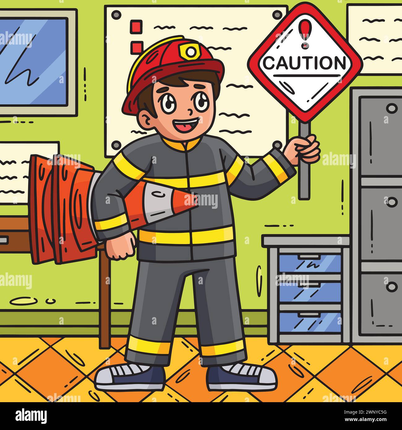 Firefighter with a Safety Sign Colored Cartoon Stock Vector Image & Art ...