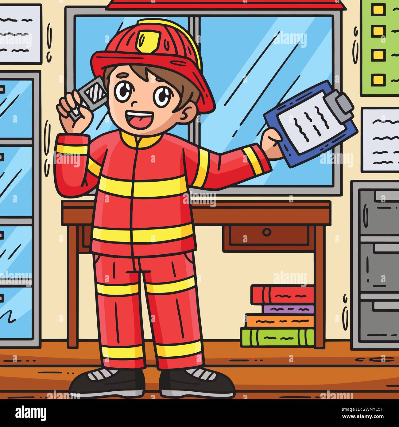 Firefighter Receiving a Call Colored Cartoon Stock Vector Image & Art ...