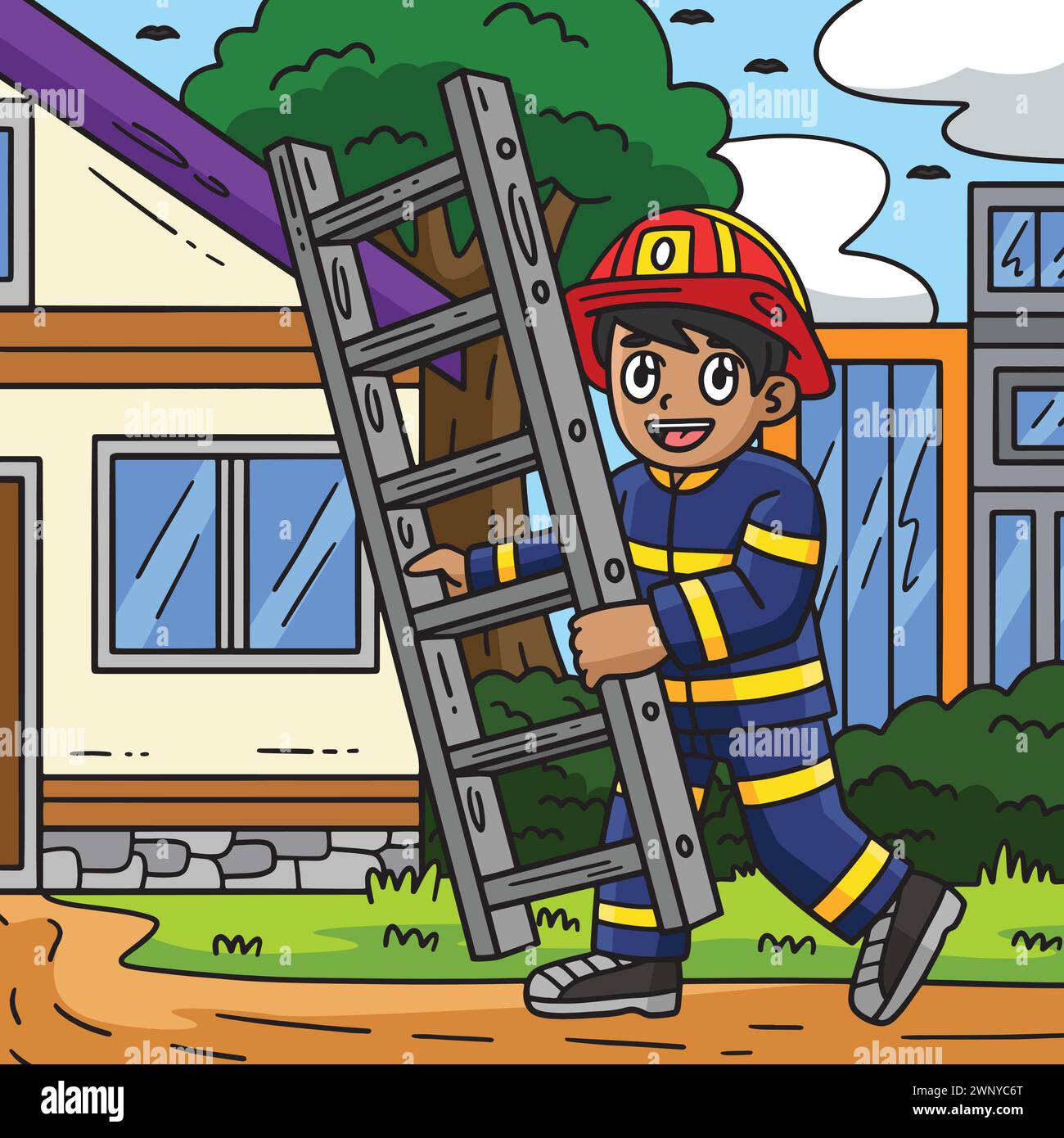Firefighter with a Ladder Colored Cartoon Stock Vector Image & Art - Alamy