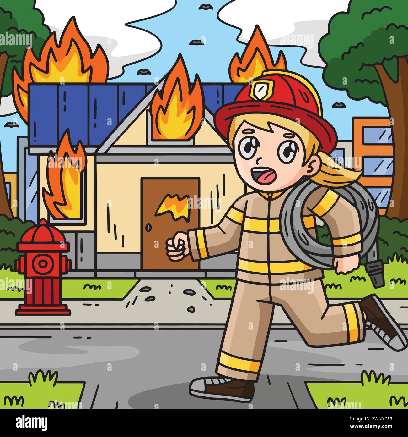 Firefighter and a Building on Fire Colored Cartoon Stock Vector Image ...