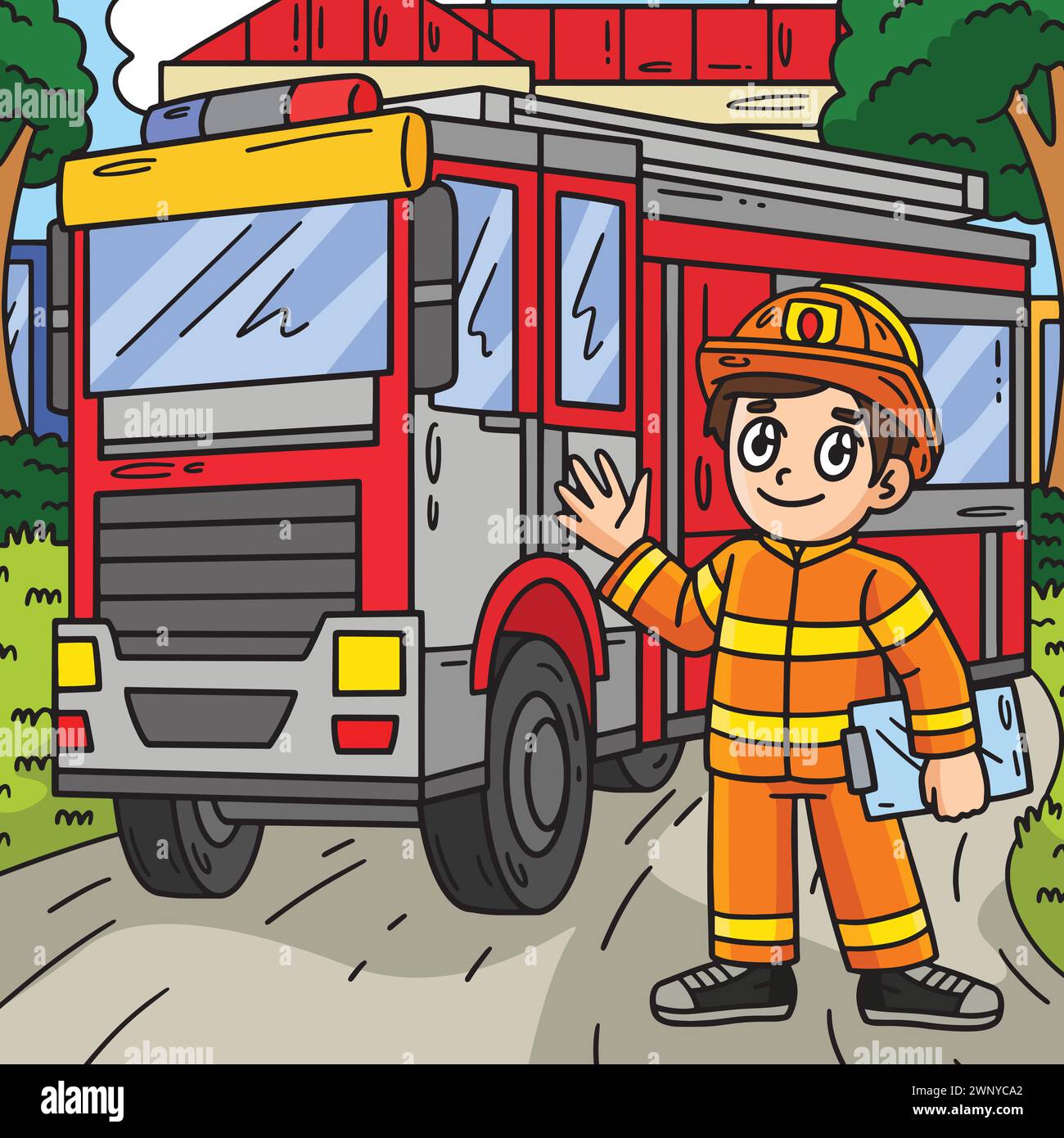 Firefighter and Fire Truck Colored Cartoon Stock Vector Image & Art - Alamy