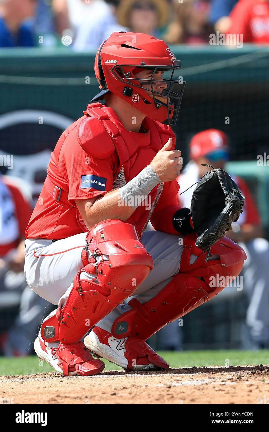 LAKELAND, FL - MARCH 04: Boston Red Sox catcher Reese McGuire (3) gives a thumbs up to the ...