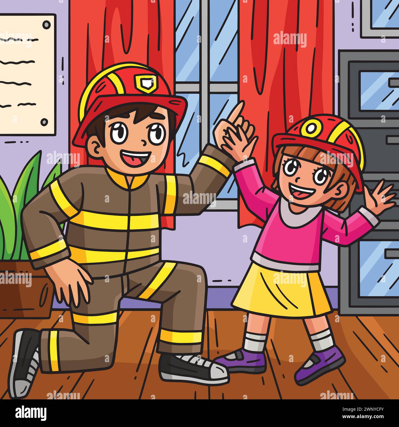 Firefighter and Child Colored Cartoon Illustration Stock Vector Image ...