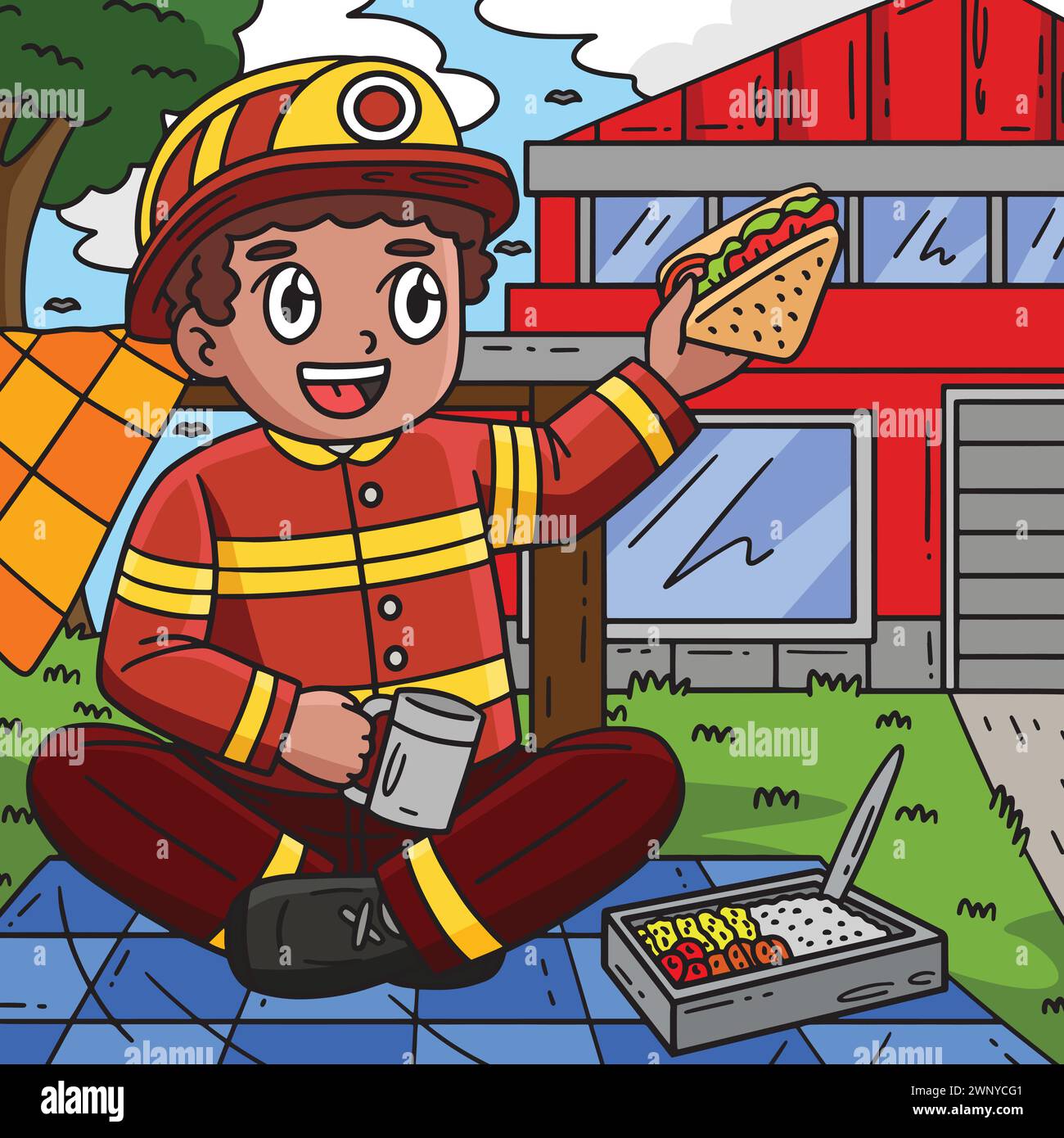 Firefighter Eating Lunch Colored Cartoon Stock Vector Image & Art - Alamy