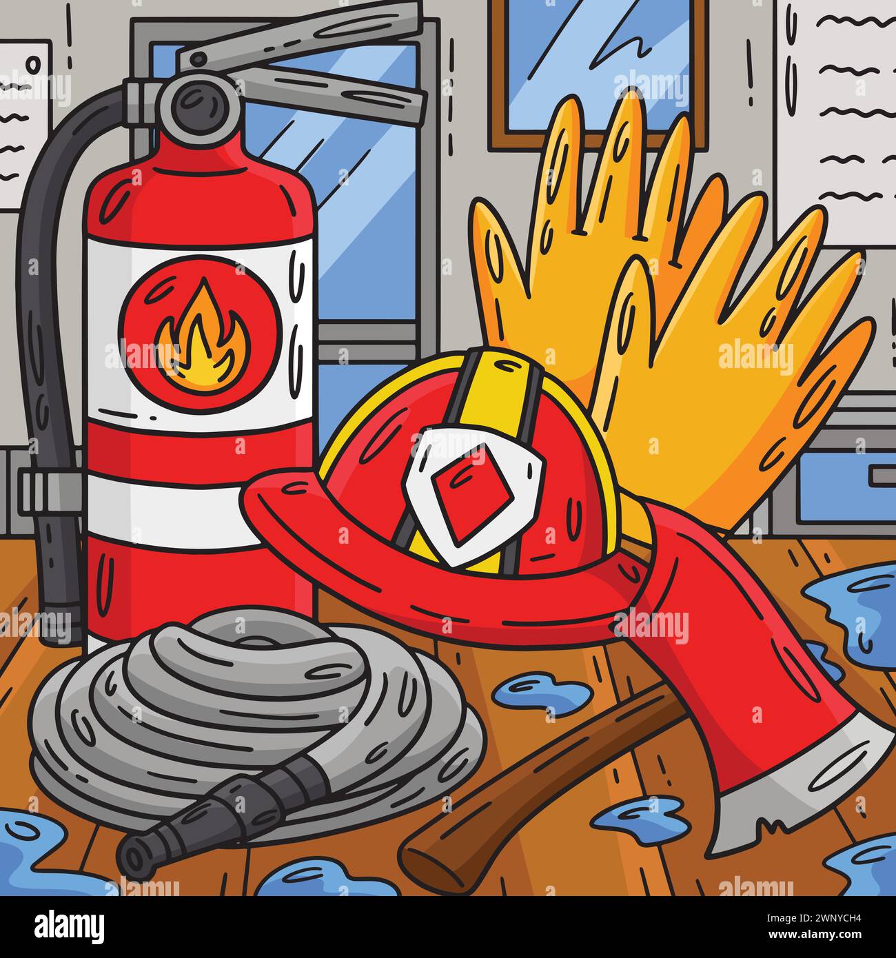 Firefighting Tools Colored Cartoon Illustration Stock Vector Image ...