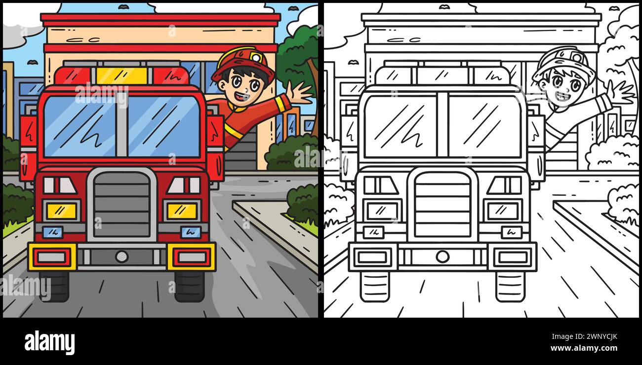 Firefighter Waving from Fire Truck Illustration Stock Vector Image ...