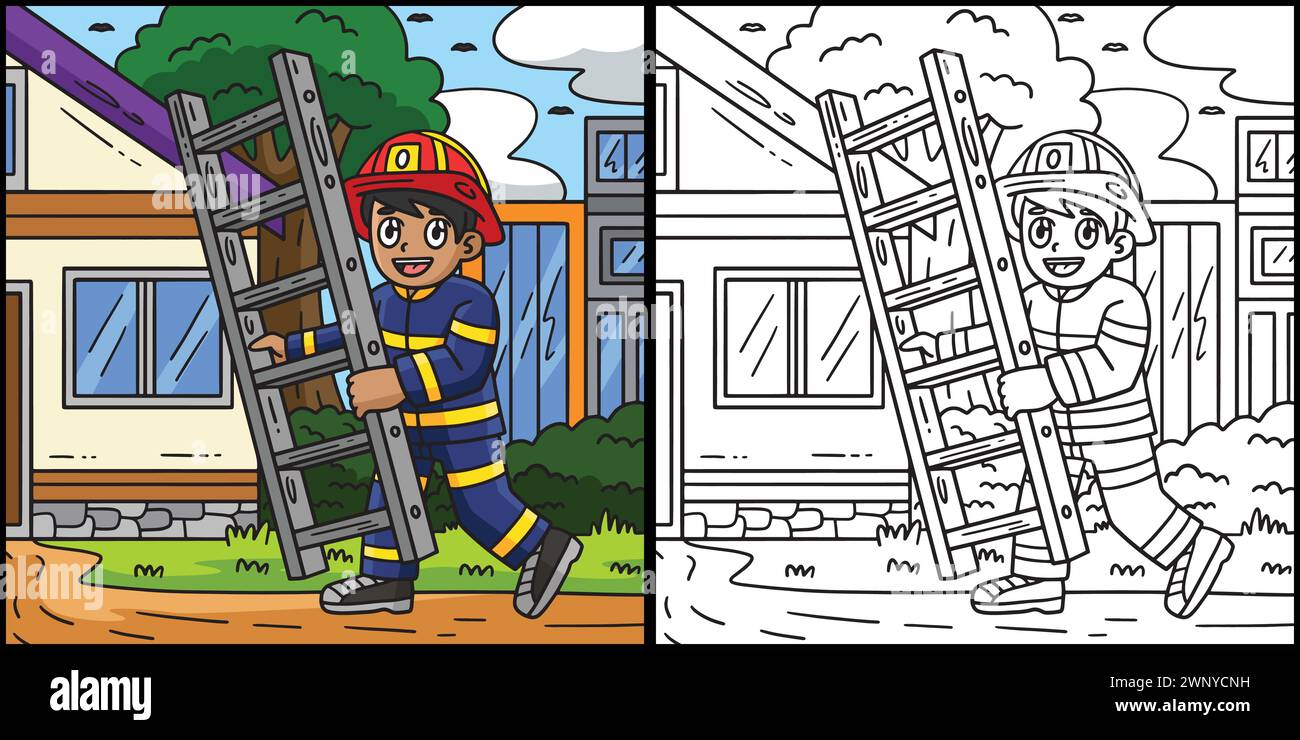 Firefighter with a Ladder Coloring Illustration Stock Vector Image ...