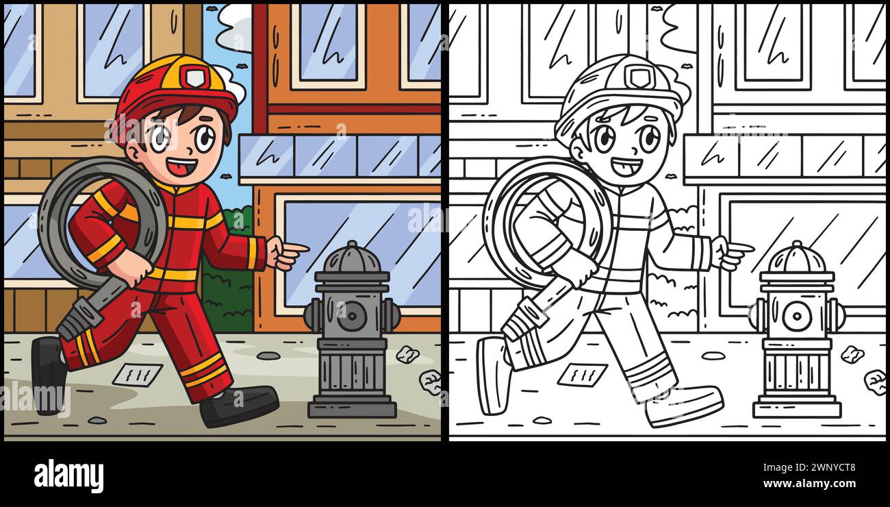 Firefighter and Fire Hydrant Coloring Illustration Stock Vector Image ...