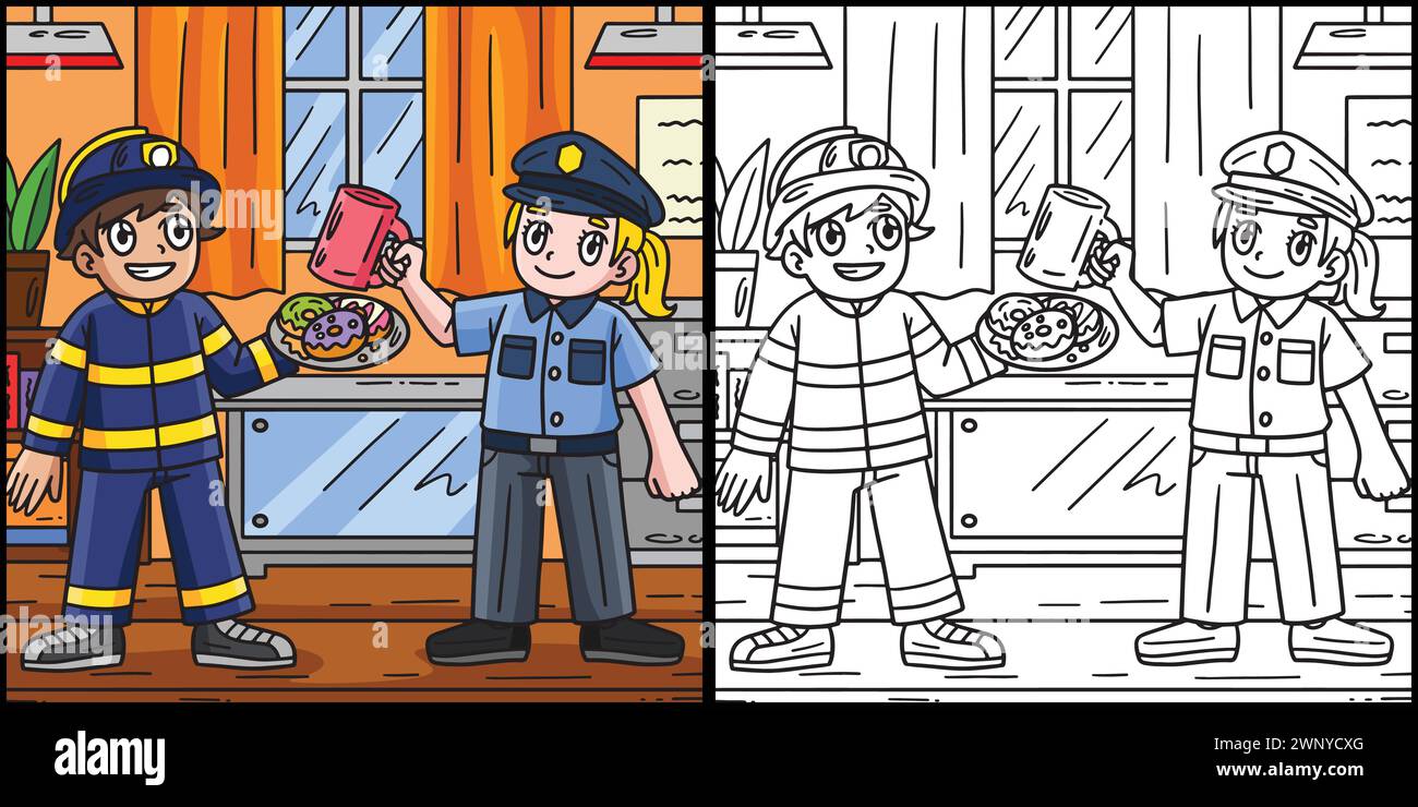 Firefighter and Policewoman Coloring Illustration Stock Vector Image ...